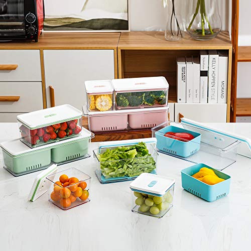 Lille Home Stackable Produce Saver, Organizer Bins/Storage Containers with Removable Drain Tray, Set of 3, for Refrigerators, Cabinets, Countertops and Pantry, BPA Free (Green,Set of 3)