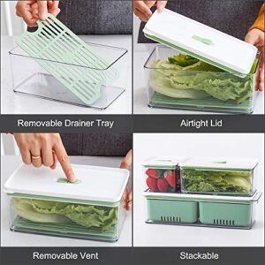 Lille Home Stackable Produce Saver, Organizer Bins/Storage Containers with Removable Drain Tray, Set of 3, for Refrigerators, Cabinets, Countertops and Pantry, BPA Free (Green,Set of 3)