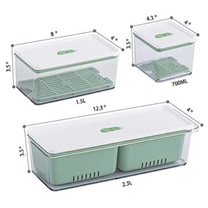 Lille Home Stackable Produce Saver, Organizer Bins/Storage Containers with Removable Drain Tray, Set of 3, for Refrigerators, Cabinets, Countertops and Pantry, BPA Free (Green,Set of 3)