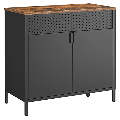 SONGMICS Storage Sideboard, Buffet Table with Adjustable Shelves, Floor Storage Cupboard, Steel Frame, Rustic Brown and Black ULSC102B01