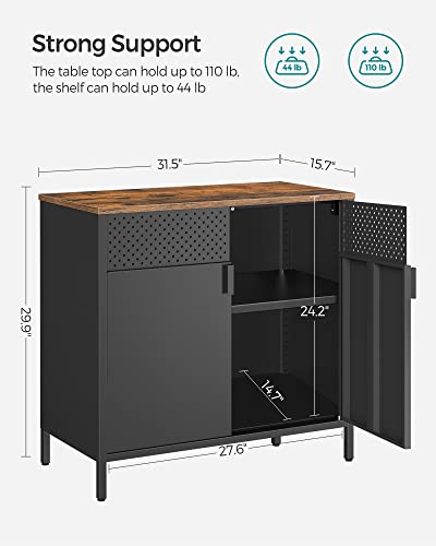 SONGMICS Storage Sideboard, Buffet Table with Adjustable Shelves, Floor Storage Cupboard, Steel Frame, Rustic Brown and Black ULSC102B01