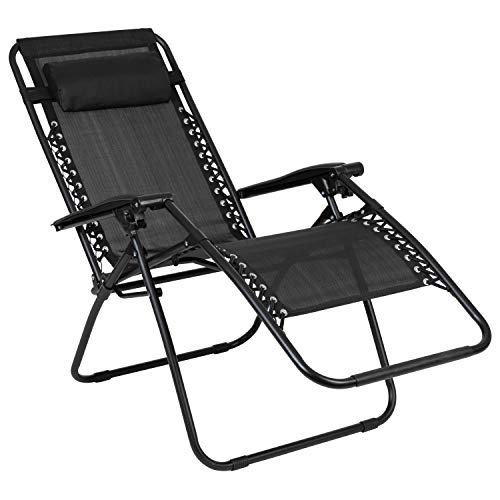 Flash Furniture Celestial Adjustable Folding Mesh Zero Gravity Reclining Lounge Chair with Pillow and Cup Holder Tray in Black, Set of 2