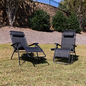 Flash Furniture Celestial Adjustable Folding Mesh Zero Gravity Reclining Lounge Chair with Pillow and Cup Holder Tray in Black, Set of 2