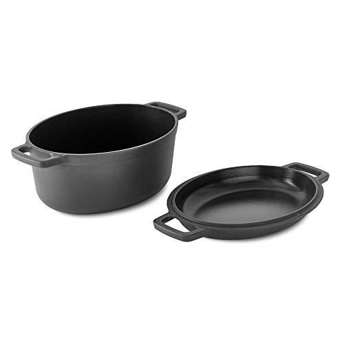 Zakarian by Dash 6 Qt Nonstick Cast Iron Double Dutch Oven, Oval Pot with 2-in-1 Skillet Lid, Black