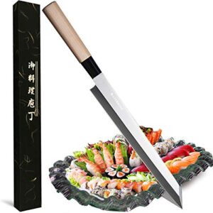 waterboss,japanese yanagi kiritsuke sushi sashimi chef knife salmon knife slicer razor sharp sashimi watermelon knives, 5cr15mov stainless steel sashimi yanagiba knife, maple handle, 10.6 inch (270mm)