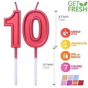 GET FRESH Number 10 Birthday Candle – Red Number Ten Candles on Sticks – Number Candles for Birthday Anniversary Wedding Party –10th Bday Candles for Cake Decoration – Vivid Red Number Cake Candles