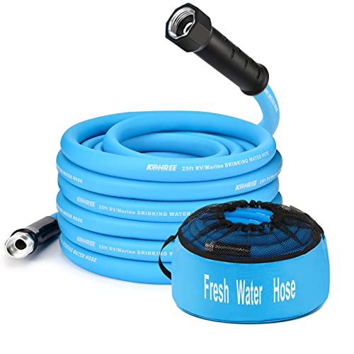 Kohree 25FT RV Water Hose, 5/8'' Premium Drinking Water Hose Leak Free, No Kink and Flexible Garden Hose for RV, Camper, Truck, Car - Blue