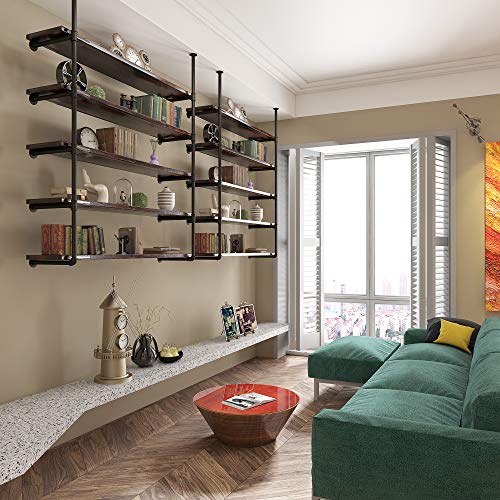 MUZIK 5 Tier Industrial Wall Mount Iron Pipe Shelf, 3/4 Inches Malleable Cast Iron Pipe Wall Mount Bookshelf Shelving Unit, DIY Open Bookshelf, Shelf Shelves, 2 Pack 65 Inch Tall