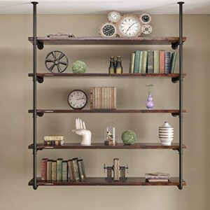 MUZIK 5 Tier Industrial Wall Mount Iron Pipe Shelf, 3/4 Inches Malleable Cast Iron Pipe Wall Mount Bookshelf Shelving Unit, DIY Open Bookshelf, Shelf Shelves, 2 Pack 65 Inch Tall