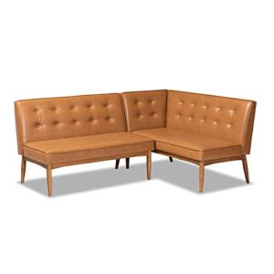 baxton studio arvid mid-century modern tan faux leather upholstered and walnut brown finished wood 2-piece dining corner sofa bench