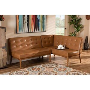 Baxton Studio Arvid Mid-Century Modern Tan Faux Leather Upholstered and Walnut Brown Finished Wood 2-Piece Dining Corner Sofa Bench