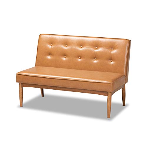 Baxton Studio Arvid Mid-Century Modern Tan Faux Leather Upholstered and Walnut Brown Finished Wood 2-Piece Dining Corner Sofa Bench