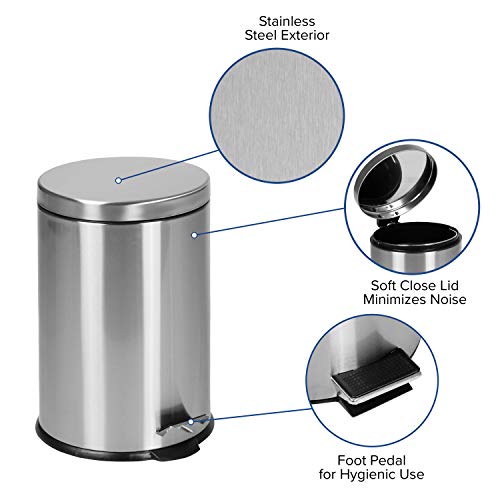 Flash Furniture Round Stainless Steel Fingerprint Resistant Soft Close, Step Trash Can - 5.3 Gallons (20L)