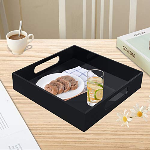 Tasybox Acrylic Serving Tray, Black Decorative Serving Trays with Handles for Kitchen Dining Room Table Ottoman Vanity Countertop 12" x 12"