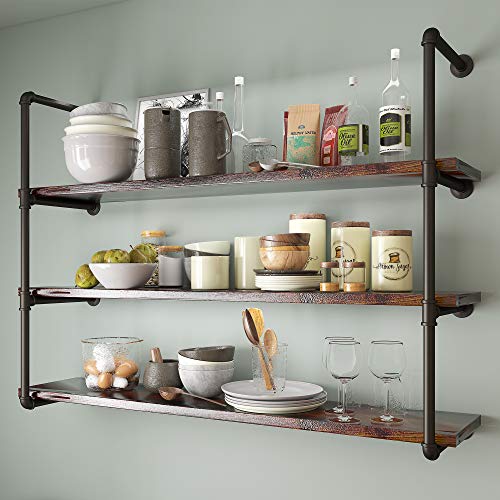 MUZIK 4 Tier Industrial Wall Mount Iron Pipe Shelf, Vintage Industrial Wall Mount Bookshelf Shelving Unit, DIY Open Bookshelf, Shelf Shelves, Kitchen Shelves, 2 Pack 40 Inch, 3/4 Pipe Nipple