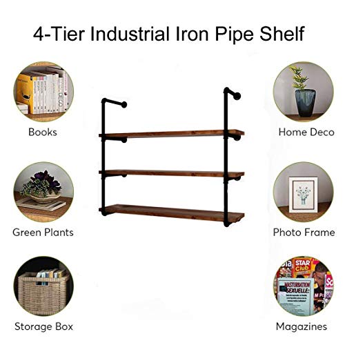 MUZIK 4 Tier Industrial Wall Mount Iron Pipe Shelf, Vintage Industrial Wall Mount Bookshelf Shelving Unit, DIY Open Bookshelf, Shelf Shelves, Kitchen Shelves, 2 Pack 40 Inch, 3/4 Pipe Nipple