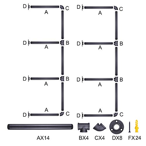 MUZIK 4 Tier Industrial Wall Mount Iron Pipe Shelf, Vintage Industrial Wall Mount Bookshelf Shelving Unit, DIY Open Bookshelf, Shelf Shelves, Kitchen Shelves, 2 Pack 40 Inch, 3/4 Pipe Nipple