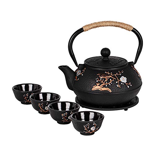 Cast Iron Teapot with Tea Cups Trivet Japanese Style Tetsubin Tea Kettle with Infuser Iron Tea Set Gift for Adult Father Mother Family (Black,Magpie on the Plum Design)