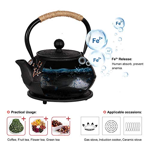 Cast Iron Teapot with Tea Cups Trivet Japanese Style Tetsubin Tea Kettle with Infuser Iron Tea Set Gift for Adult Father Mother Family (Black,Magpie on the Plum Design)