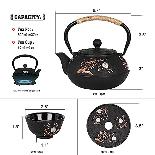 Cast Iron Teapot with Tea Cups Trivet Japanese Style Tetsubin Tea Kettle with Infuser Iron Tea Set Gift for Adult Father Mother Family (Black,Magpie on the Plum Design)