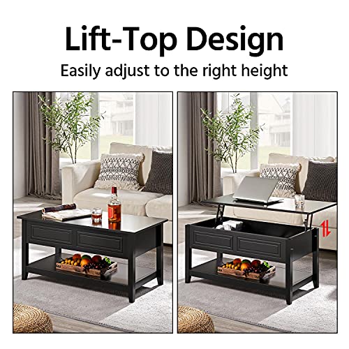 Yaheetech Lift Top Coffee Table with Hidden Compartment and Open Storage Shelf Pop Up Center Table for Living Room Reception, Black