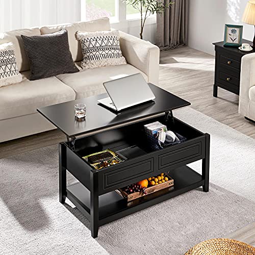 Yaheetech Lift Top Coffee Table with Hidden Compartment and Open Storage Shelf Pop Up Center Table for Living Room Reception, Black