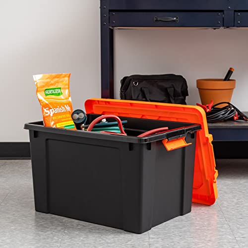 IRIS USA 19 Gallon Heavy-Duty Plastic Storage Bins, 2 Pack, Store-It-All Container Totes with Durable Lid and Secure Latching Buckles, Garage and Metal Rack Organizing, Black/Orange