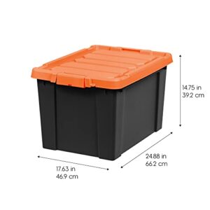 IRIS USA 19 Gallon Heavy-Duty Plastic Storage Bins, 2 Pack, Store-It-All Container Totes with Durable Lid and Secure Latching Buckles, Garage and Metal Rack Organizing, Black/Orange