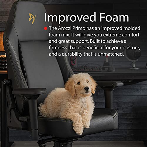 Arozzi Primo Premium PU Leather Gaming Chair Office Chair with Recliner Swivel Tilt Rocker Adjustable Height 4D Armrests Neck Pillow and Built-in Lumbar Adjustment - Black with Gold Accents