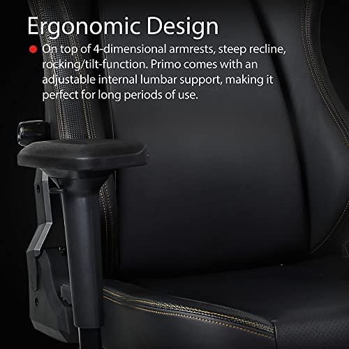 Arozzi Primo Premium PU Leather Gaming Chair Office Chair with Recliner Swivel Tilt Rocker Adjustable Height 4D Armrests Neck Pillow and Built-in Lumbar Adjustment - Black with Gold Accents