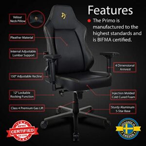 Arozzi Primo Premium PU Leather Gaming Chair Office Chair with Recliner Swivel Tilt Rocker Adjustable Height 4D Armrests Neck Pillow and Built-in Lumbar Adjustment - Black with Gold Accents