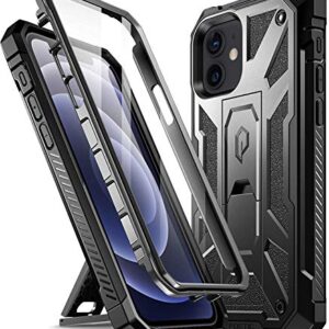 Poetic Spartan for iPhone 12/ iPhone 12 Pro 6.1 inch Case, Full-Body Rugged Dual-Layer Metallic Color Accent with Premium Leather texture Shockproof Protective Cover with Kickstand, Metallic Gun Metal