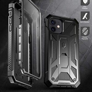 Poetic Spartan for iPhone 12/ iPhone 12 Pro 6.1 inch Case, Full-Body Rugged Dual-Layer Metallic Color Accent with Premium Leather texture Shockproof Protective Cover with Kickstand, Metallic Gun Metal