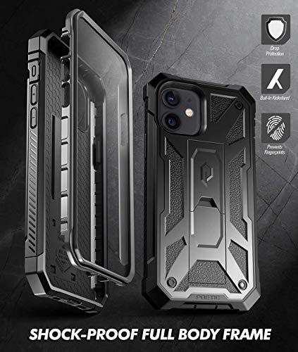 Poetic Spartan for iPhone 12/ iPhone 12 Pro 6.1 inch Case, Full-Body Rugged Dual-Layer Metallic Color Accent with Premium Leather texture Shockproof Protective Cover with Kickstand, Metallic Gun Metal