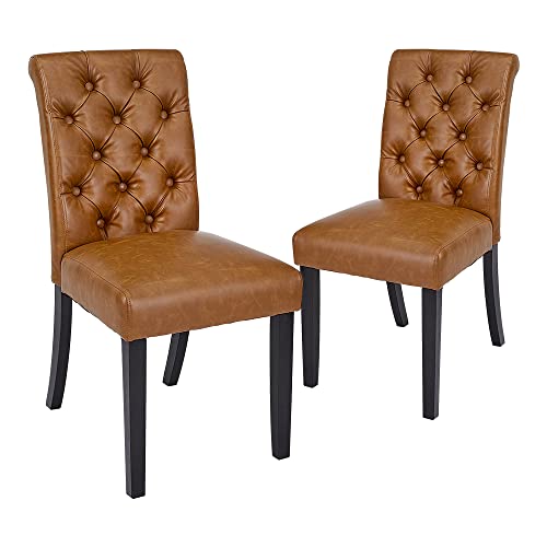 CangLong Mid-Century Tufted Leather Kitchen Counter Upholstered Dining Chairs with Wood Legs Set of 2,Brown