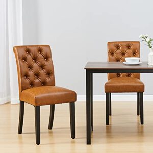 CangLong Mid-Century Tufted Leather Kitchen Counter Upholstered Dining Chairs with Wood Legs Set of 2,Brown