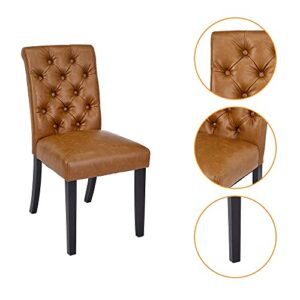 CangLong Mid-Century Tufted Leather Kitchen Counter Upholstered Dining Chairs with Wood Legs Set of 2,Brown