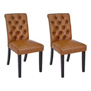 CangLong Mid-Century Tufted Leather Kitchen Counter Upholstered Dining Chairs with Wood Legs Set of 2,Brown