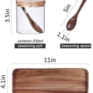 Hovico Condiment Container Seasoning Box Set, with Wooden Spoon Lid and Base, Salt Sugar Spice Pepper Condiment Container Jar Set of 3