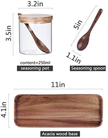 Hovico Condiment Container Seasoning Box Set, with Wooden Spoon Lid and Base, Salt Sugar Spice Pepper Condiment Container Jar Set of 3