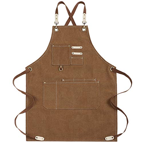 Mactso Chef Apron Water Resistant Canvas Cross Back Adjustable Apron for Men Women(Coffee)