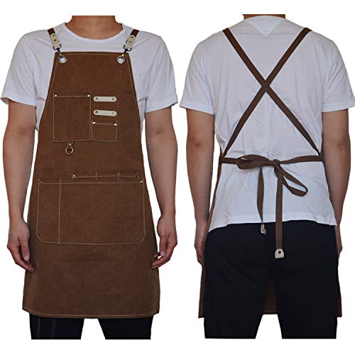 Mactso Chef Apron Water Resistant Canvas Cross Back Adjustable Apron for Men Women(Coffee)