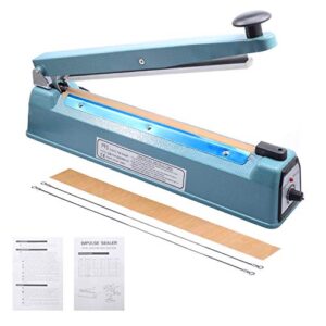 12 inch 300mm impulse bag sealer, manual bag sealer heat seal closer, adjustable timer electric heat seal closer manual heat sealer with 2 free replacement kit, blue