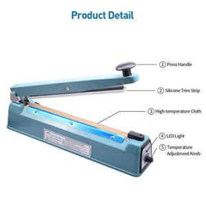 12 inch 300mm Impulse Bag Sealer, Manual Bag Sealer Heat Seal Closer, Adjustable Timer Electric Heat Seal Closer Manual Heat Sealer with 2 Free Replacement Kit, Blue