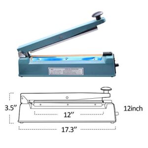 12 inch 300mm Impulse Bag Sealer, Manual Bag Sealer Heat Seal Closer, Adjustable Timer Electric Heat Seal Closer Manual Heat Sealer with 2 Free Replacement Kit, Blue