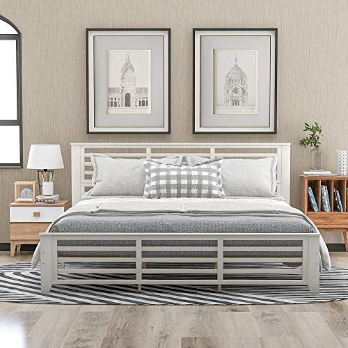 Merax King Size Bed Frame, Wood Platform Bed with Headboard and Footboard, King Bed Frame with Slat,No Box Spring Needed, White