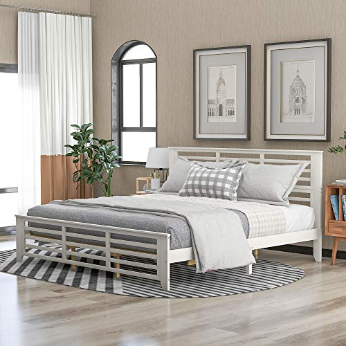 Merax King Size Bed Frame, Wood Platform Bed with Headboard and Footboard, King Bed Frame with Slat,No Box Spring Needed, White