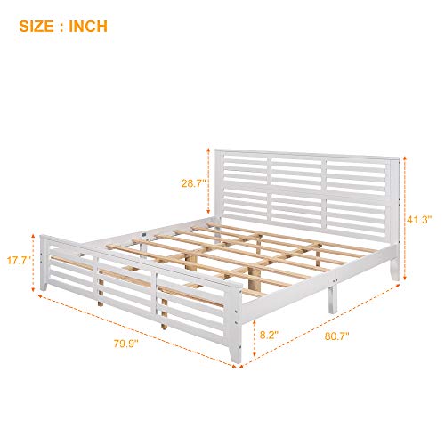 Merax King Size Bed Frame, Wood Platform Bed with Headboard and Footboard, King Bed Frame with Slat,No Box Spring Needed, White