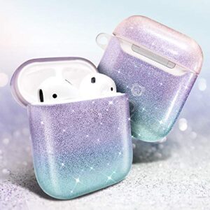 NZND Case Compatiable with Apple AirPods 1/2, Crystal Glitter Sparkle Bling, 360° Protective Cute Cover Carrying Case Girls Women with Rose Gold Keychain -Purple/Aqua