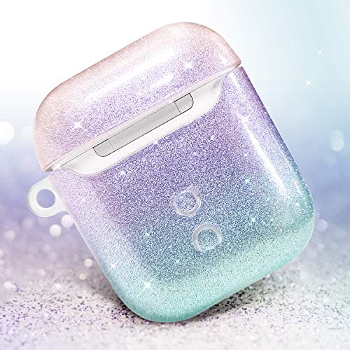 NZND Case Compatiable with Apple AirPods 1/2, Crystal Glitter Sparkle Bling, 360° Protective Cute Cover Carrying Case Girls Women with Rose Gold Keychain -Purple/Aqua